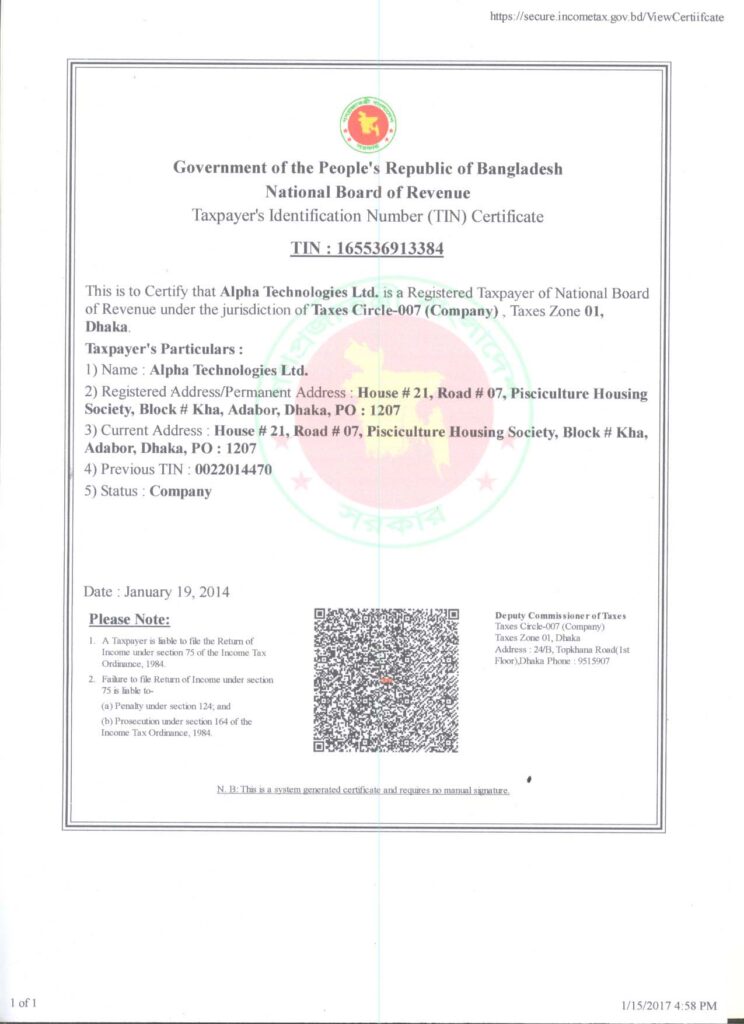 Alpha’s eTIN Certificate - Alpha Technologies Ltd.